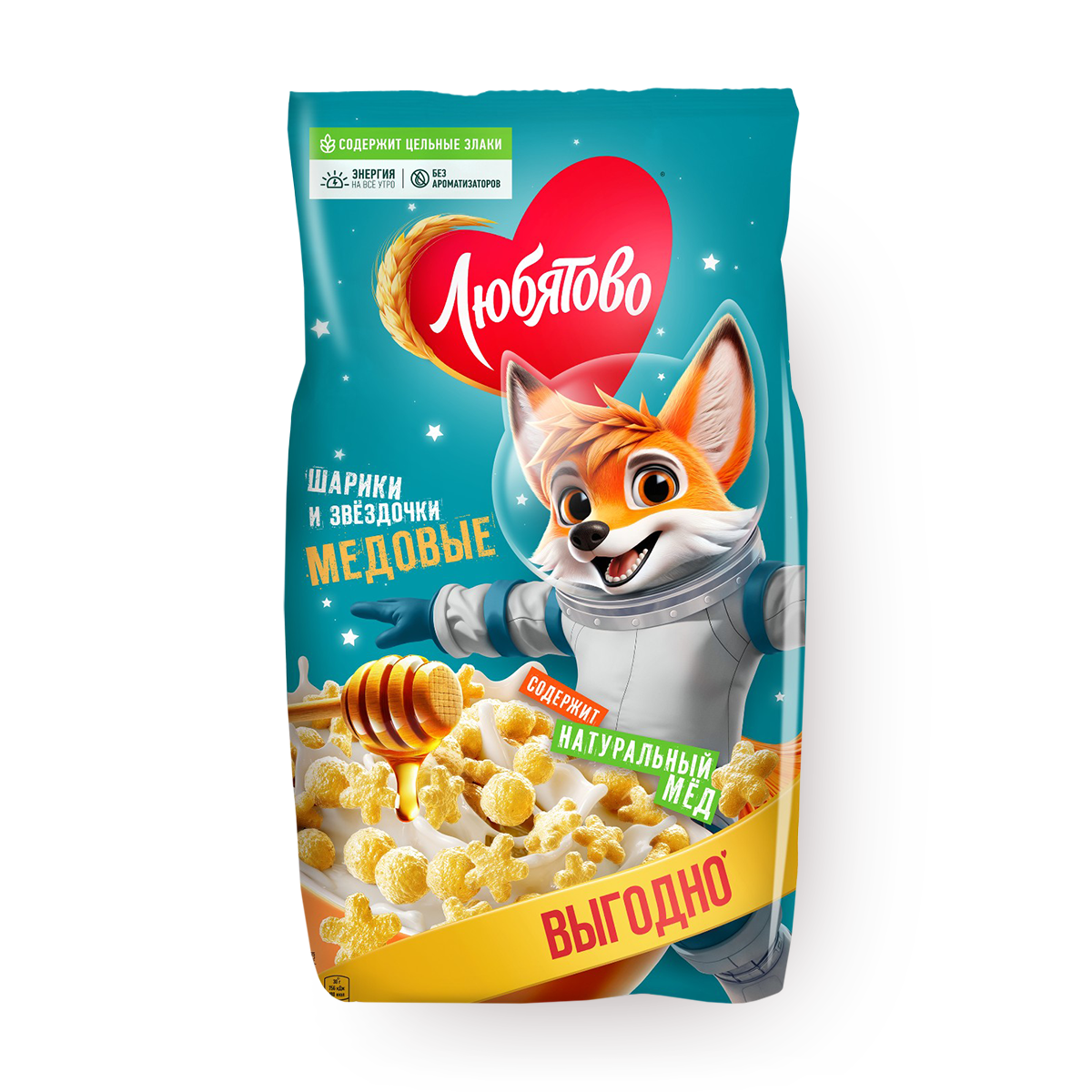 Завтрак Любятово "Шарики и Звёздочки", медовый, кукурузный, пшеничный, овсяный, 420 г