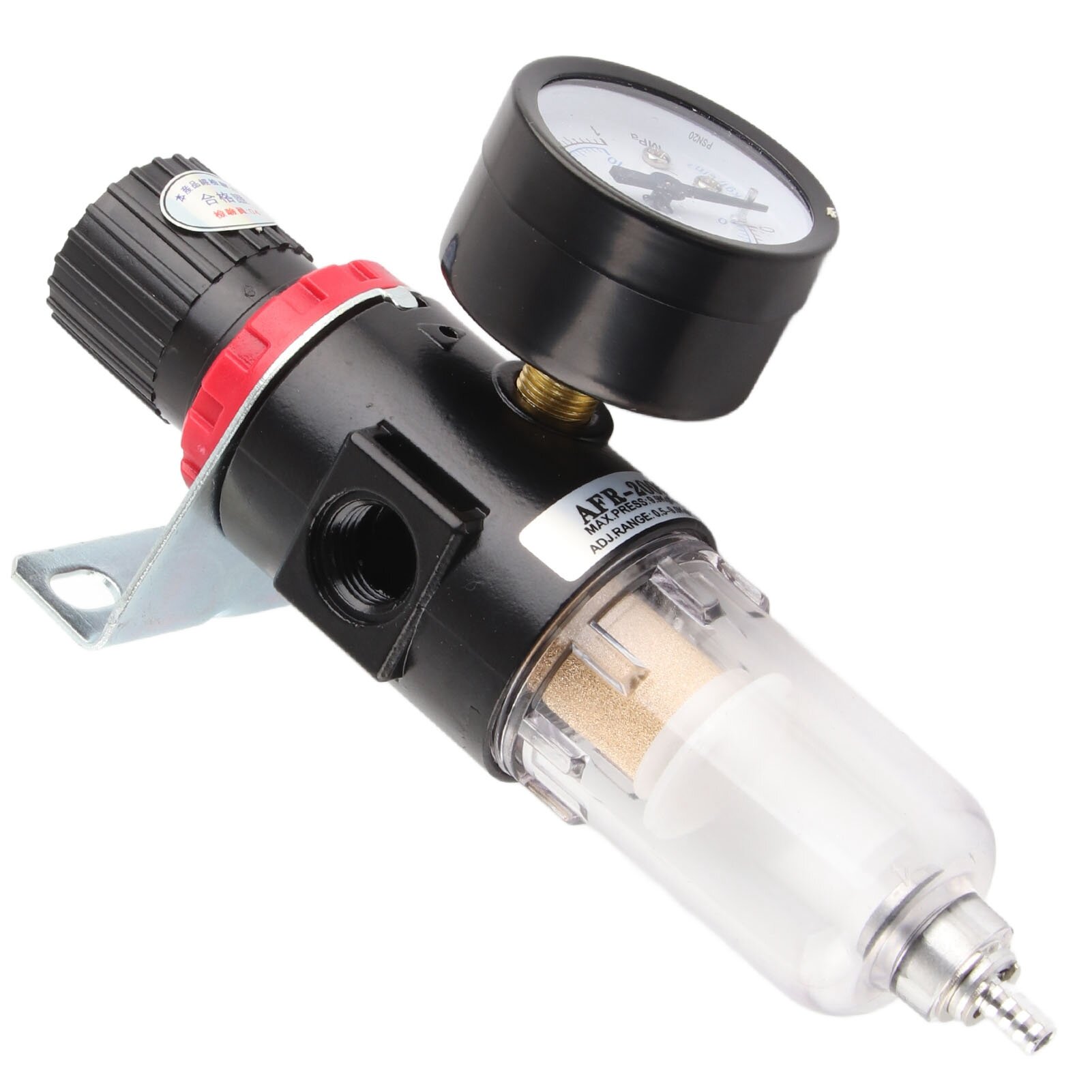 Пневматический фильтр-регулятор блок обработки воздуха сепаратор воды с манометром AFR2000 материал алюминиевый сплав подключение резьба диаметр G1/4 средство чистый сжатый воздух сопротивление давлению 1.0MPa диапазон регулировки давления 0.5-9.0кгс/см²