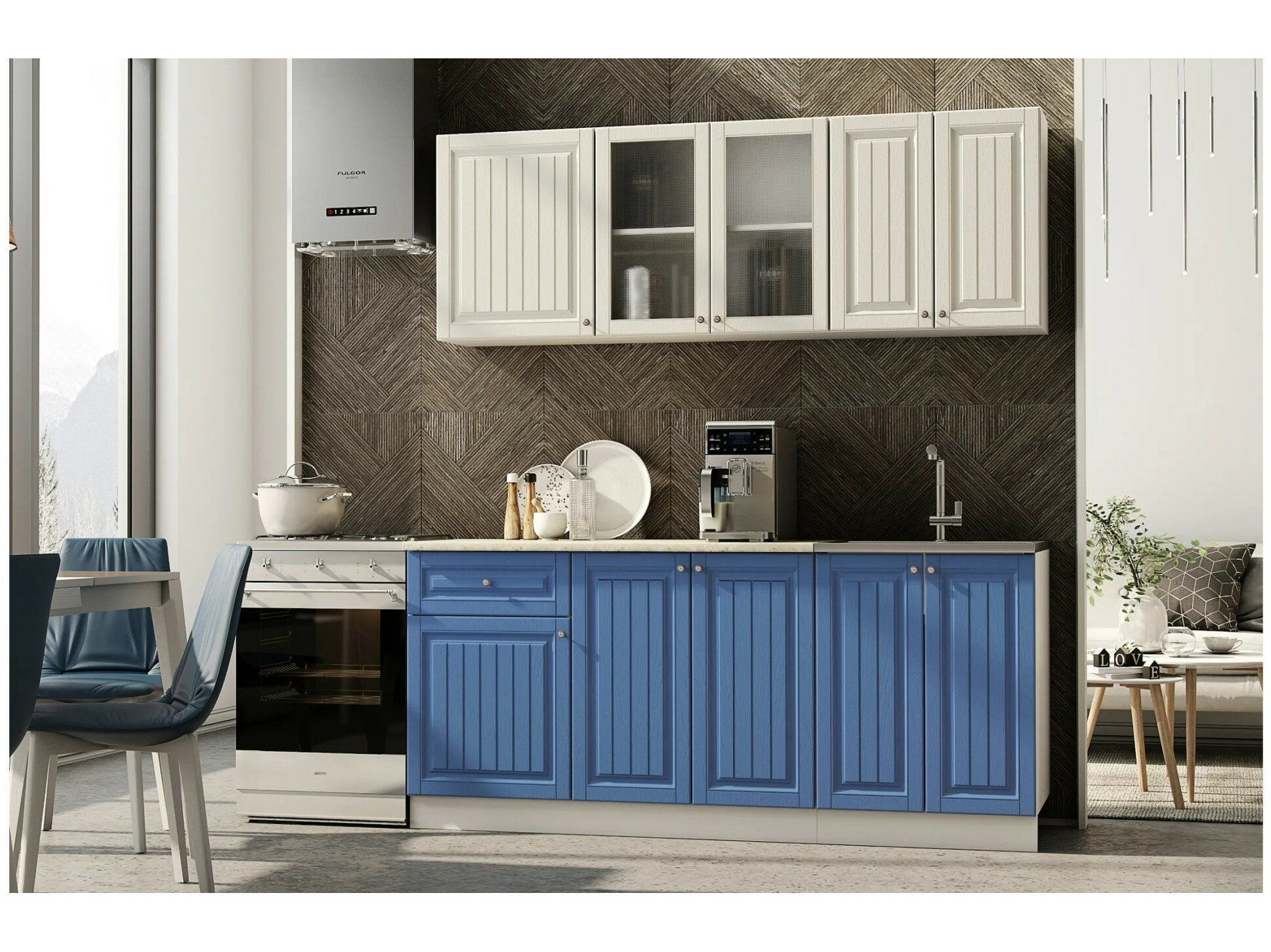 Кухонный гарнитур 1800 в стиле прованс, с МДФ фасадами, Магнолия/Деним