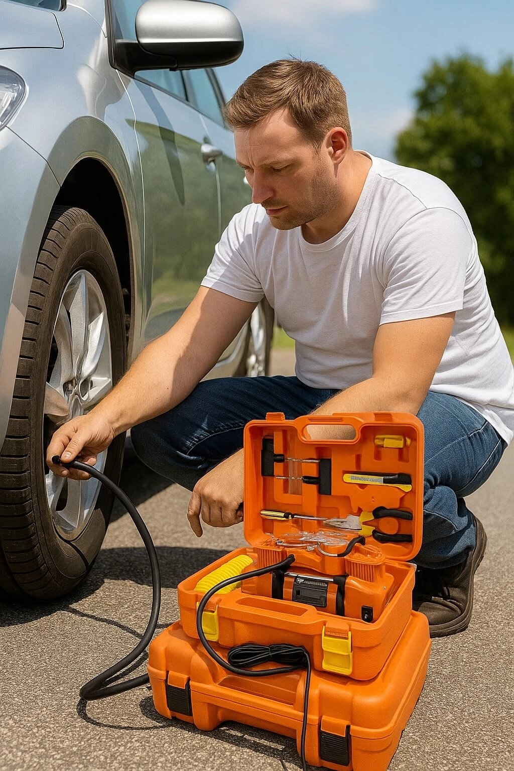 Автомобильный компрессор, мощный, 85L/min, двухпоршневой, с кейсом и инструментом, фонарем,
