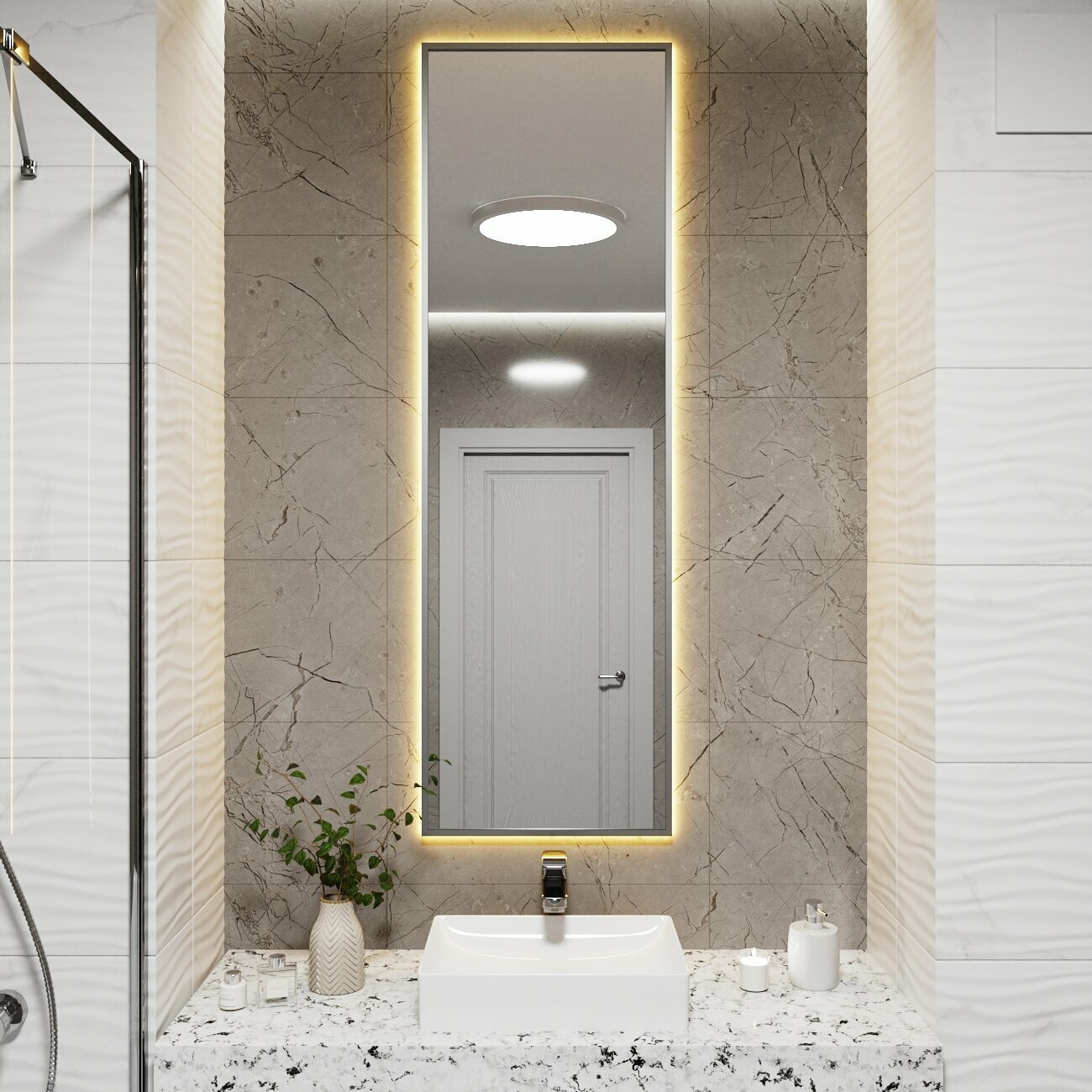 Зеркало с подсветкой в алюминиевой раме настенное ONE MIRROR 150х45см. Свет: Теплый белый 3000К. Серебро