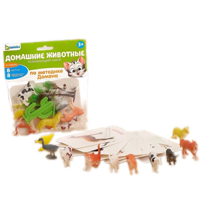 Развивающий набор "Домашние животные" с карточками по методике Домана и пластиковыми фигурками, развиваем кругозор, память и мышление