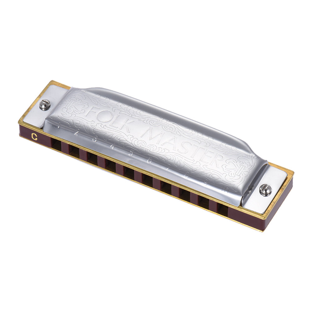 1072-C Folkmaster 10-Hole Diatonic Harmonica Key of C 20 Tone для начинающих студентов, 10 дырок, резина и нержавеющая сталь, размер 10*2.7*2.0 см, вес 53 г, в комплект входят гармоника, коробка, инструкция