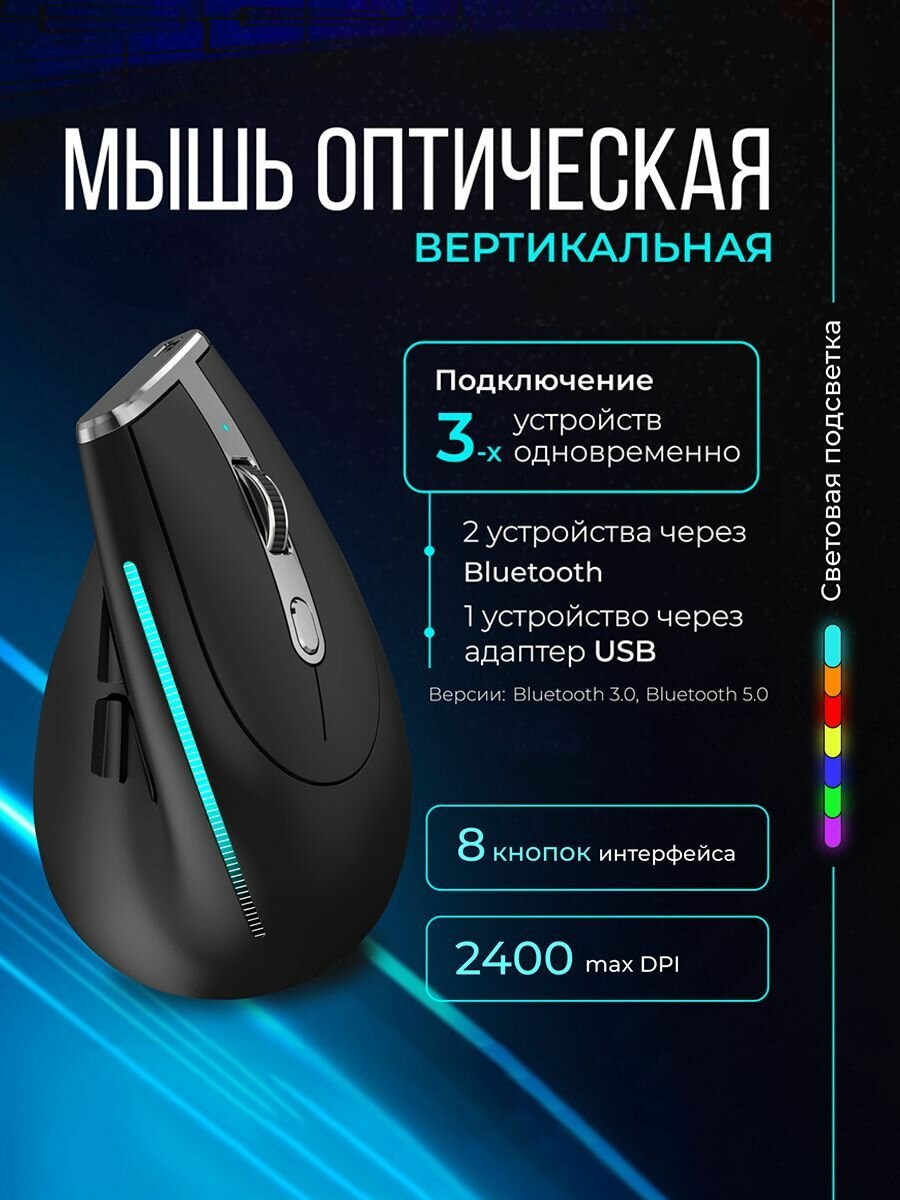 Вертикальная эргономичная мышка, три режима подключения (Проводная/Bluetooth/2.4 ГГц), 2400 DPI