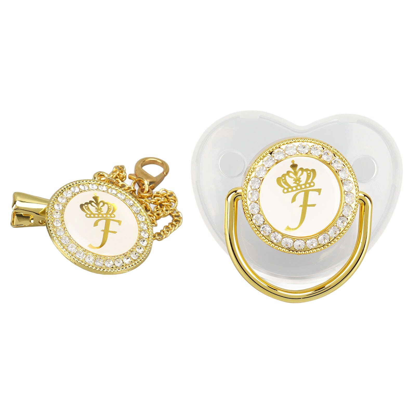 Детская соска-прорезыватель с золотыми стразами в виде букв на соске. Соска для крещения и купания малыша.