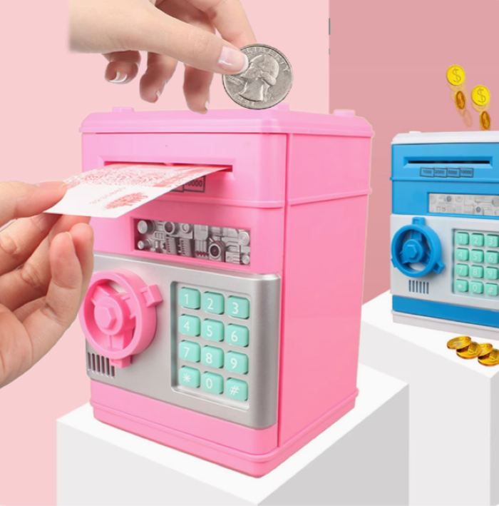 Копилка для денег детская сейф с купюроприемником. Интерактивная с кодом. Для купюр/монет автоматическая со звуком светом для девочек. розовая. Loloki