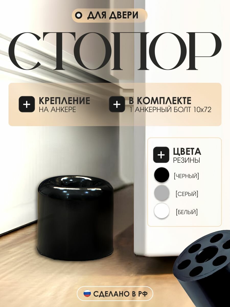Стопор для двери резиновый, забивной, вплотную, черный, в пол или стену.
