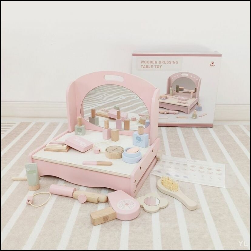 Детский туалетный столик с зеркалом и косметикой, дерево, розовый