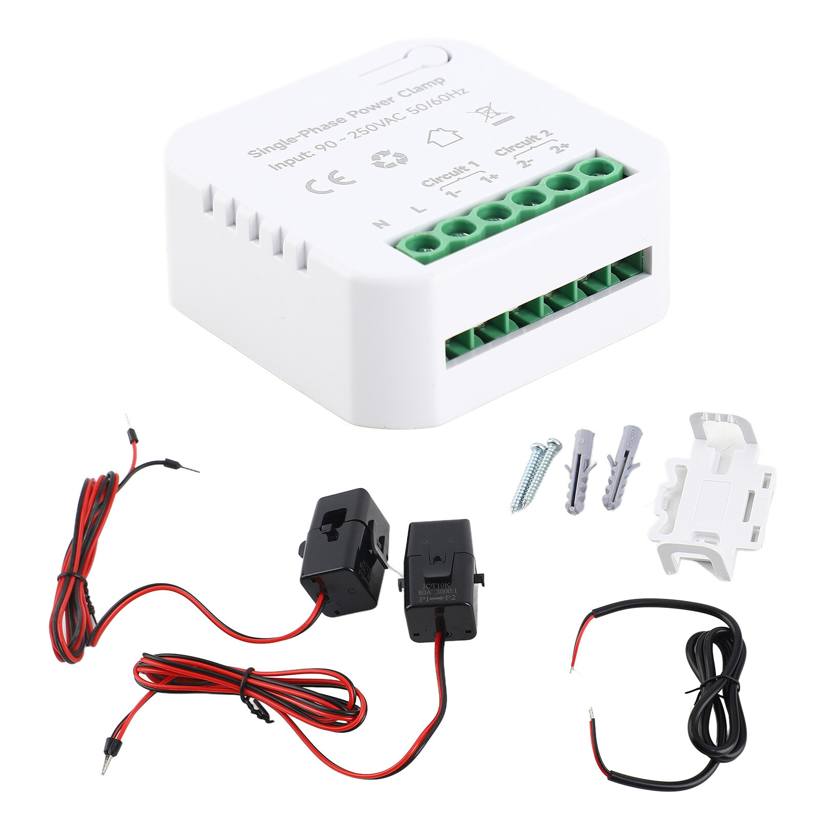 Однофазный Wi-Fi счетчик электроэнергии Tuya 80A с зажимными клещами 2CT, мобильное приложение, монитор потребления электроэнергии в кВт·ч, статистика потребления электроэнергии, 90-250 В переменного тока, 50/60 Гц.