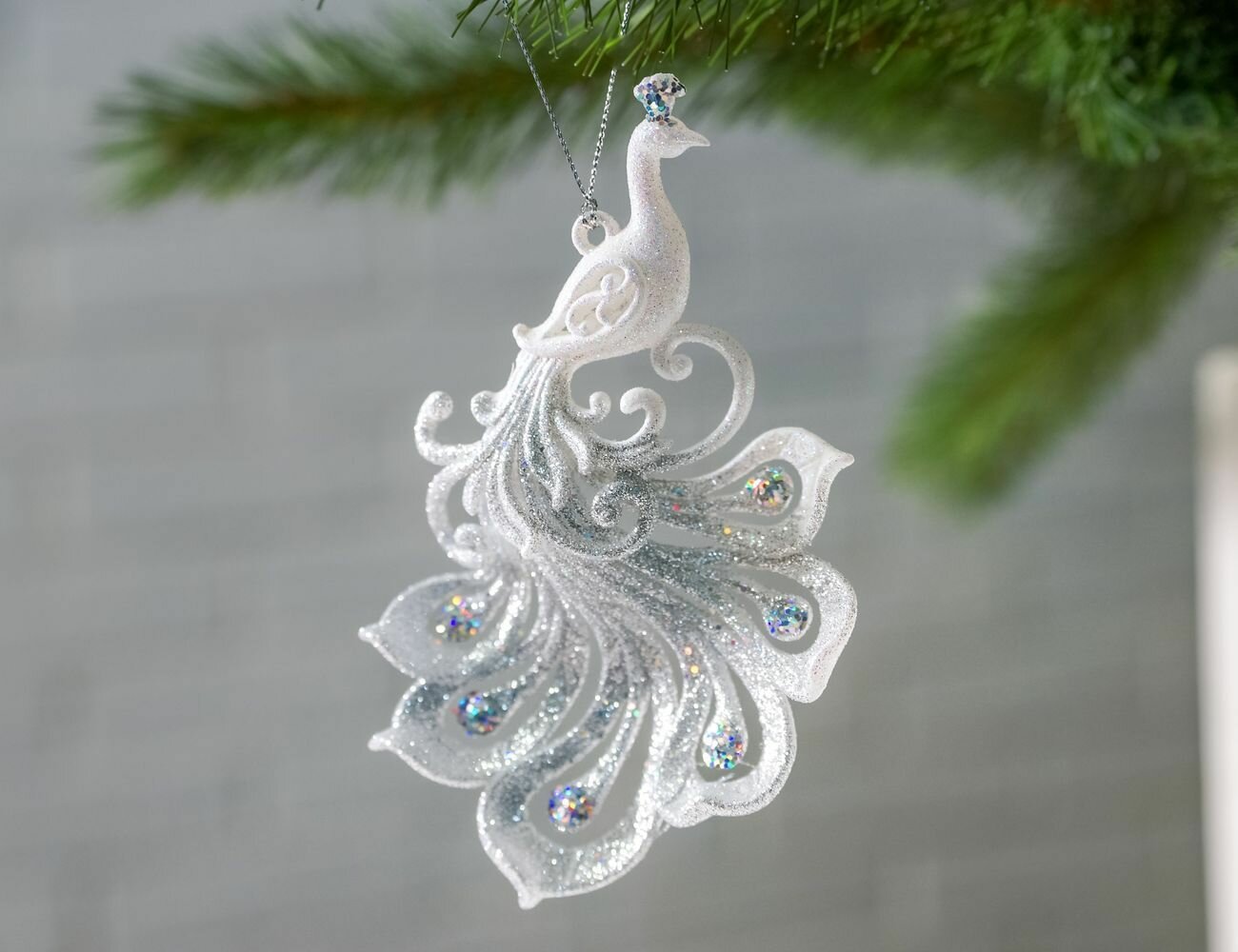 Ёлочное украшение павлин, акрил, белый с серебром, 12-15 см, разные модели, Forest Market 160688