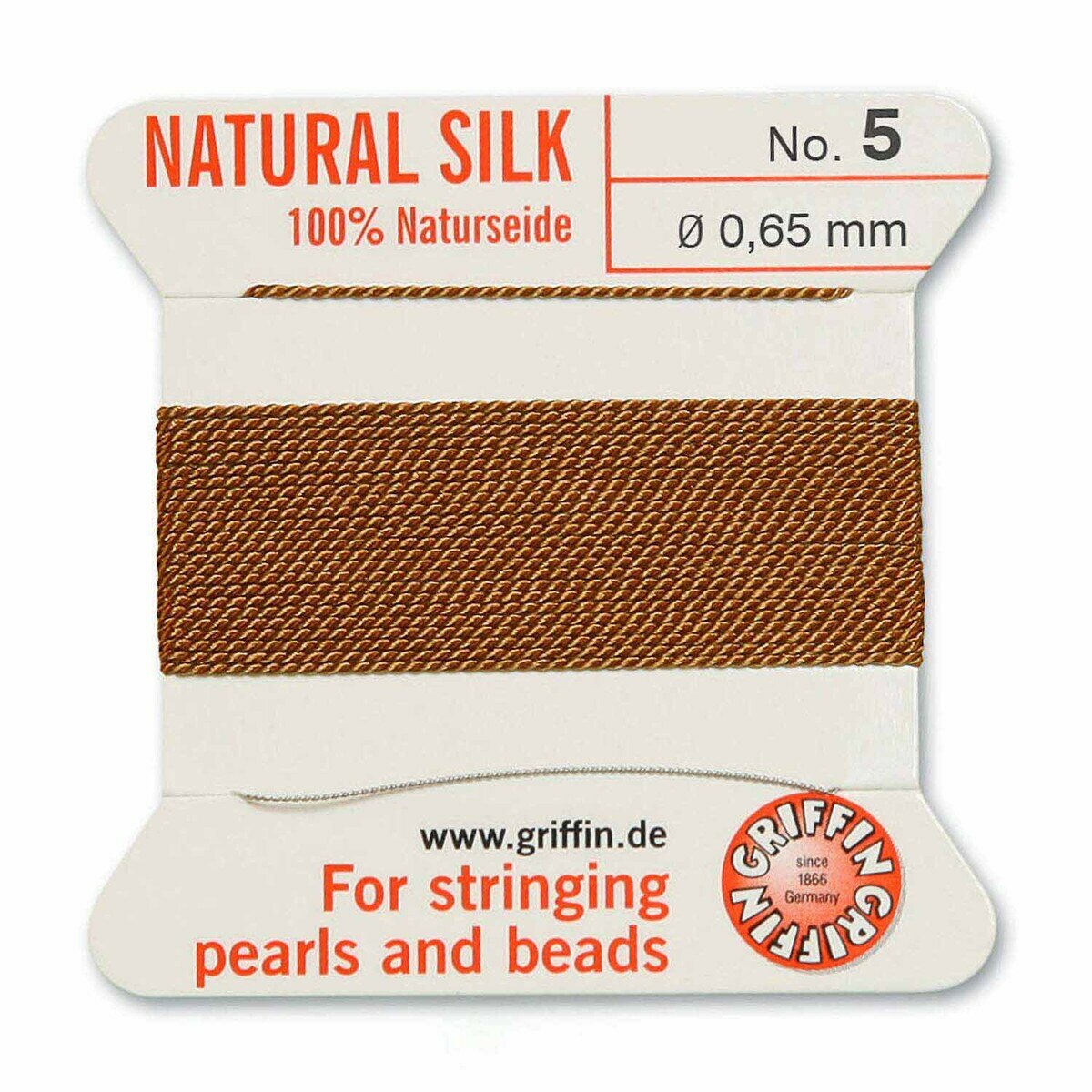 Нить шелковая, Griffin No.5 (0.65 мм), светло-коричневая, с иглой, моток, 2 метра