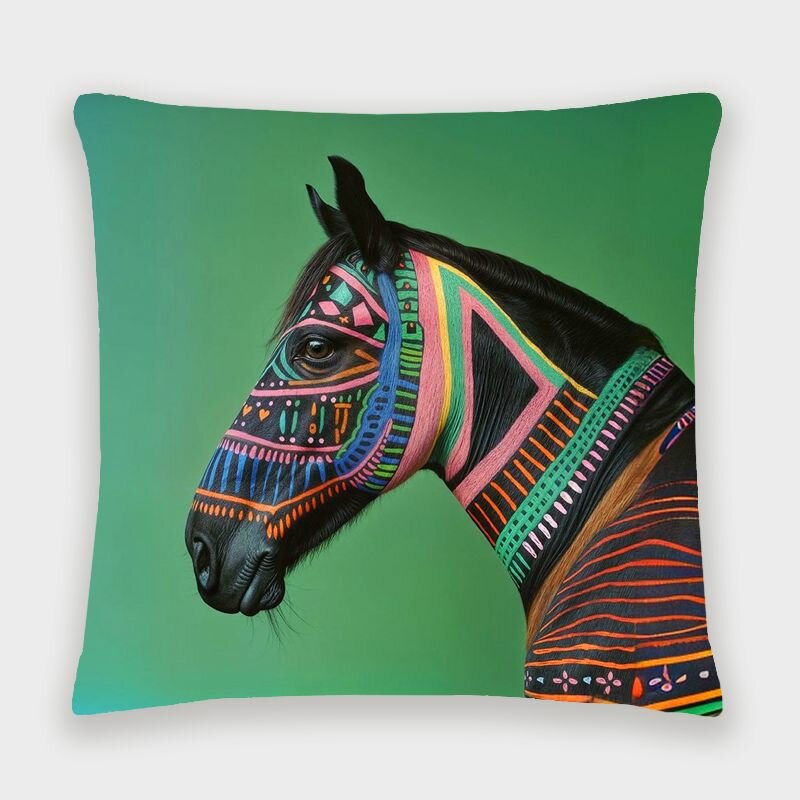 Чехол для подушки Черный конь в орнамент на зеленом фоне 40х40 велюр
