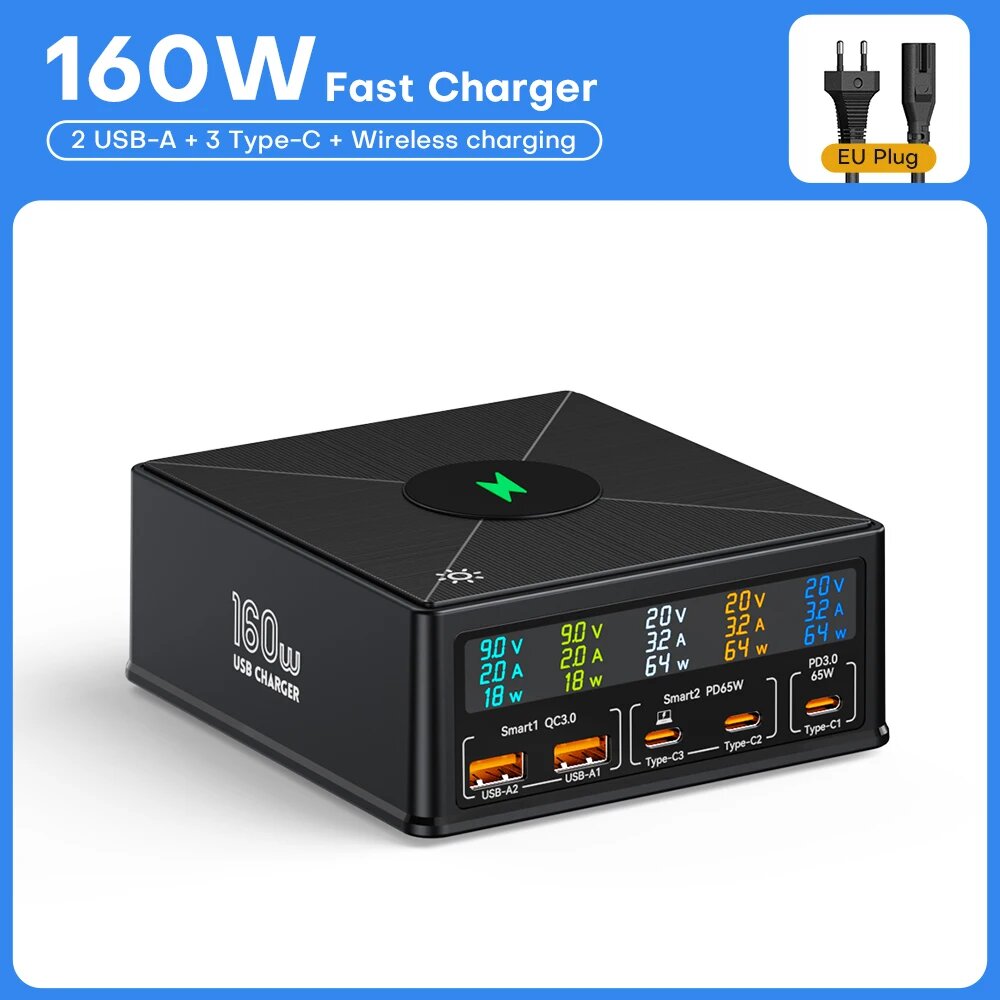 160W Быстрое Зарядное Устройство EU Plug с Беспроводной Зарядкой