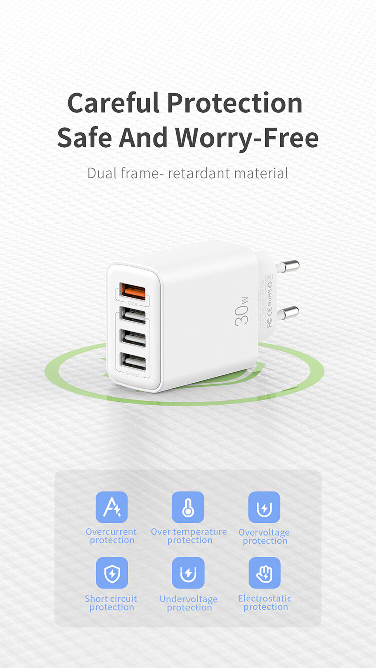 Зарядное устройство Recci Travel RC57E Qualcomm QC3.0, 4USB, 30W + Кабель USB to micro USB 1 m, Белый