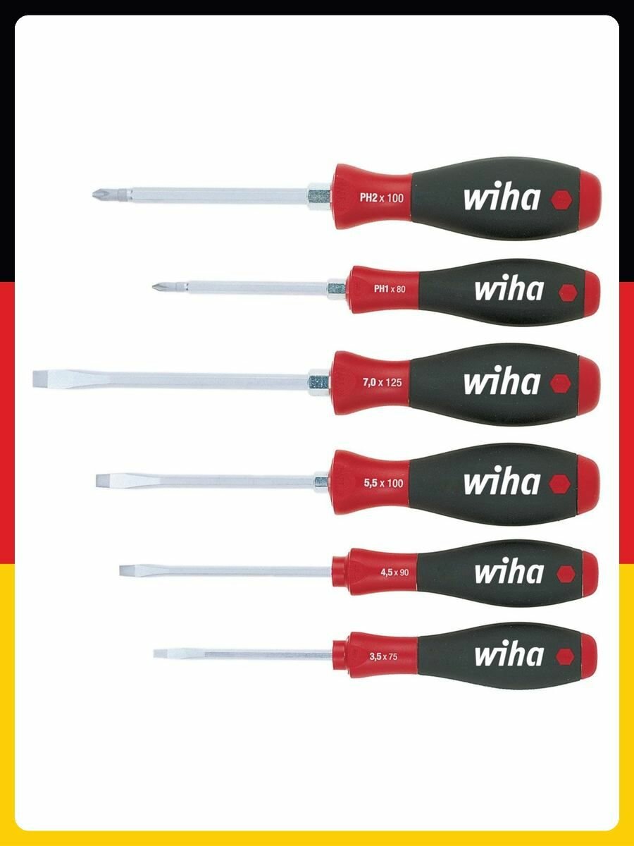 Набор отверток Wiha SoftFinish Slotted, Phillips, 6 предметов с шестигранным гнездом