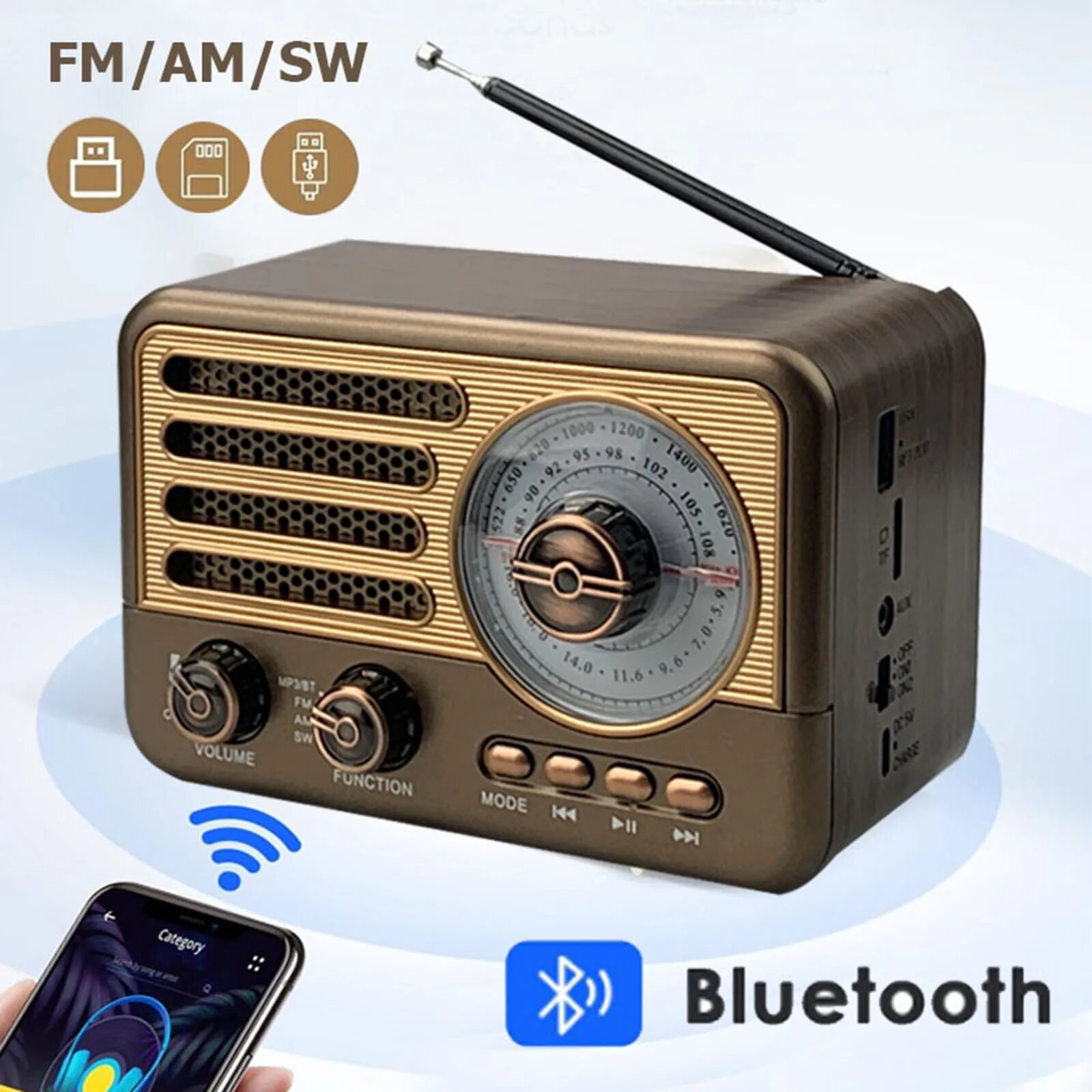 Ретро Радио Портативный Bluetooth Динамик Полнодиапазонное радио AM FM SW Транзистор со светодиодной подсветкой Поддержка AUX TF карты USB