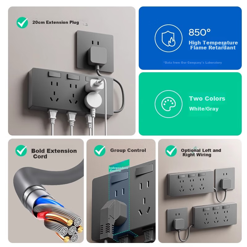 AUX Extension Socket with Power Cord Multi-function Bedroom Wall Expansion Conversion Socket Kitchen Plug-in Power Strip Gray