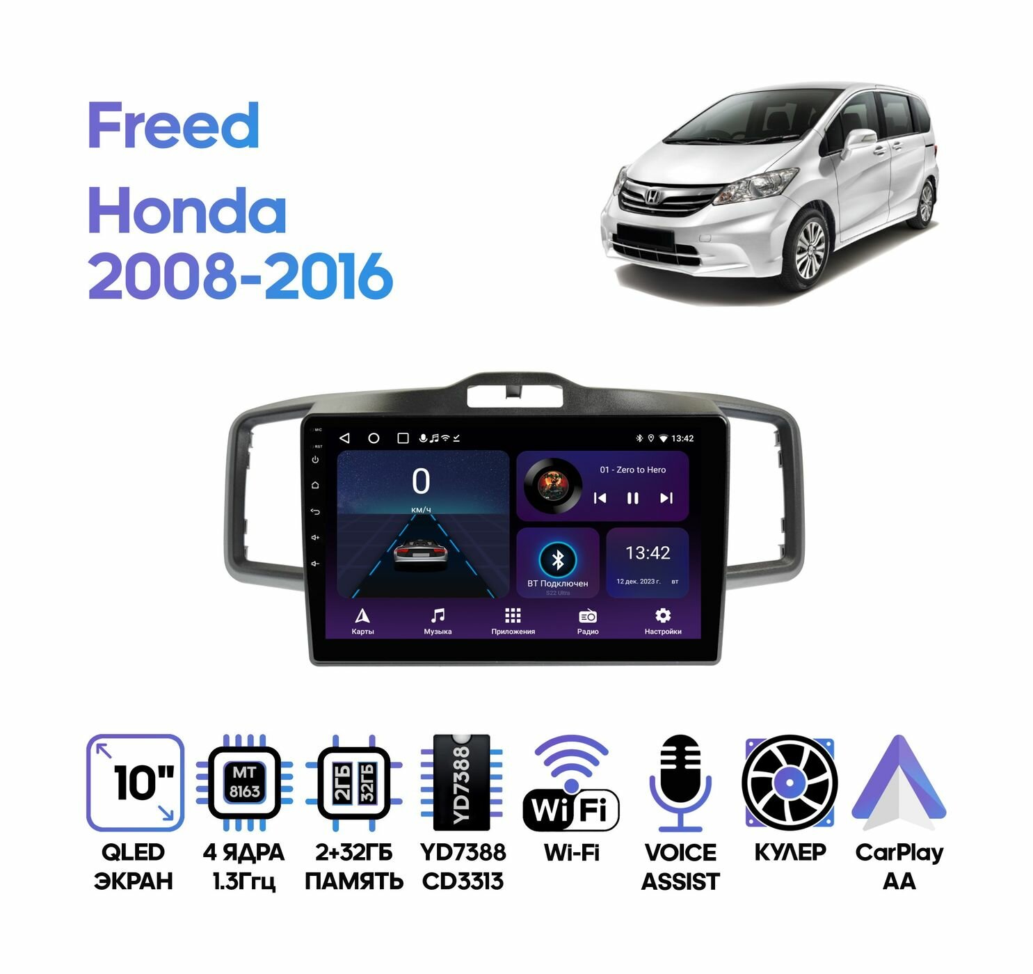 Штатная магнитола Wide Media для Honda Freed 2008 - 2016 / Android 9, 10 дюймов, WiFi, 2/32GB, 4 ядра