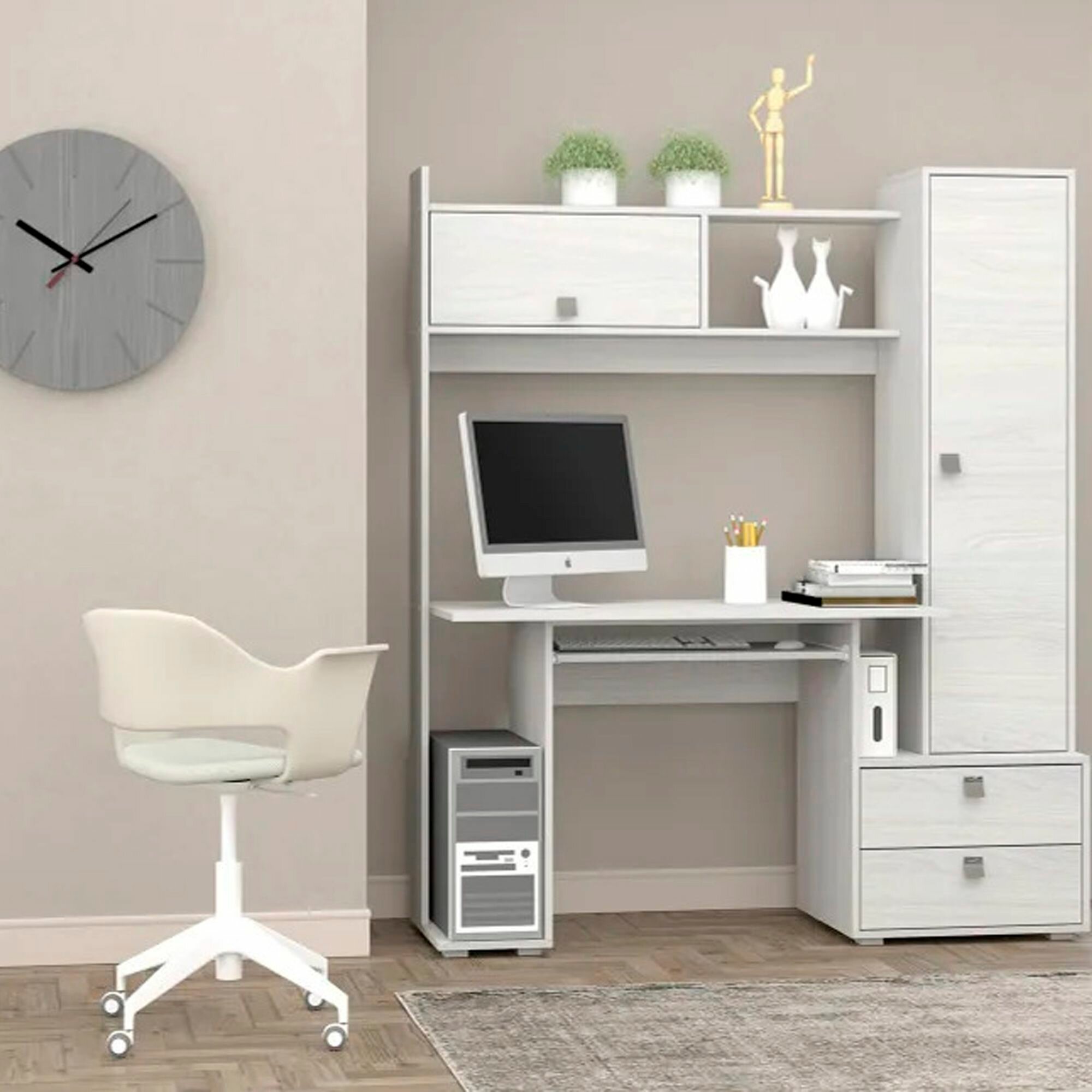 Компьютерный стол с полками и ящиками, Цвет Анкор Светлый, ширина 148 см, со шкафом, с надстройкой, для уроков, для школьника, широкий