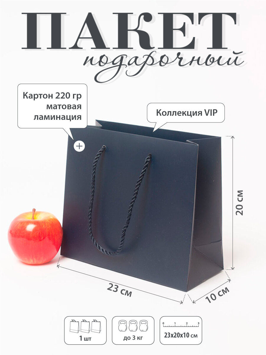 Подарочный пакет UPAKME "VIP", 23x20x10 см, темно-синий, витой шнур