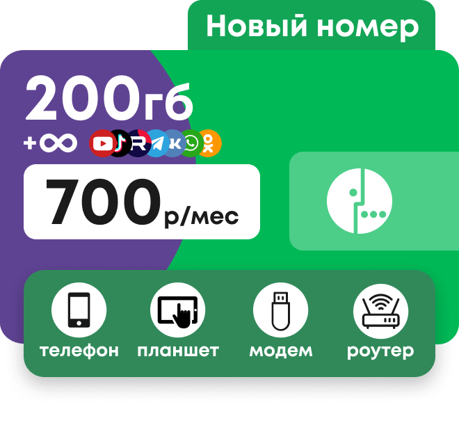 Сим-карта Мегафон с саморегистрацией 200 гб и безлимит на видео, музыку мессенджеры и соц сети за 700 руб/мес