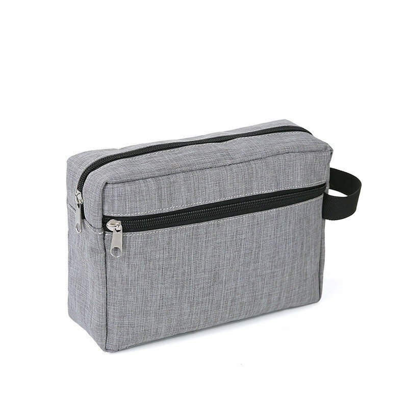 Portable travel wash bag with fabric and multiple pockets for trips, grey