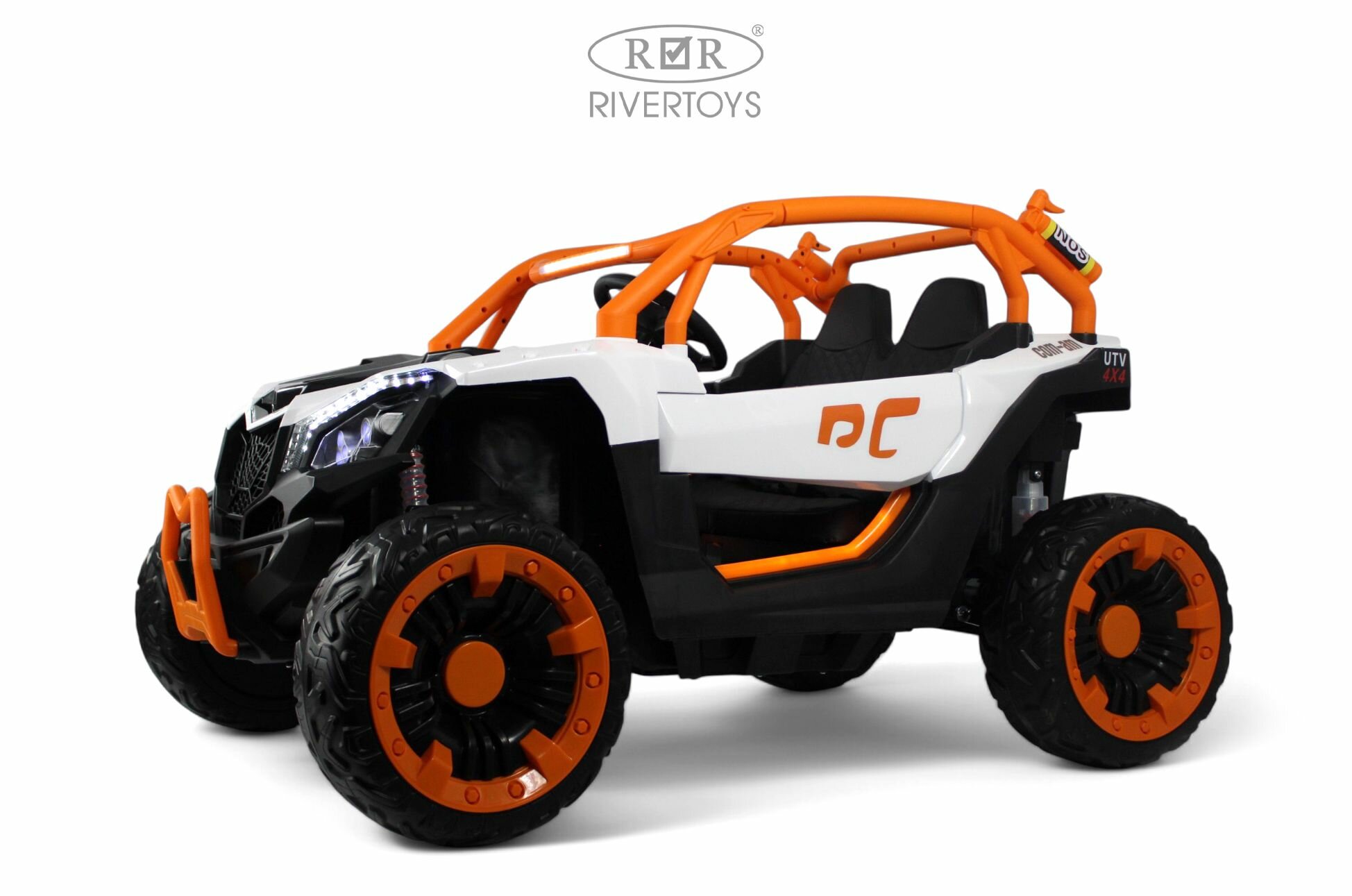 Детский электромобиль RiverToys X707XX с дистанционным управлением, полноприводный, двухместный бело-оранжевый