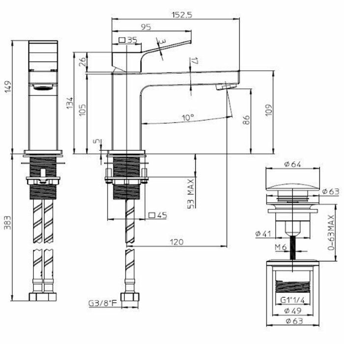 BOSSINI Aki Line Смеситель для раковины AKI-M с донным клапаном 1”1/4 и гибкая подводка из нерж. ста
