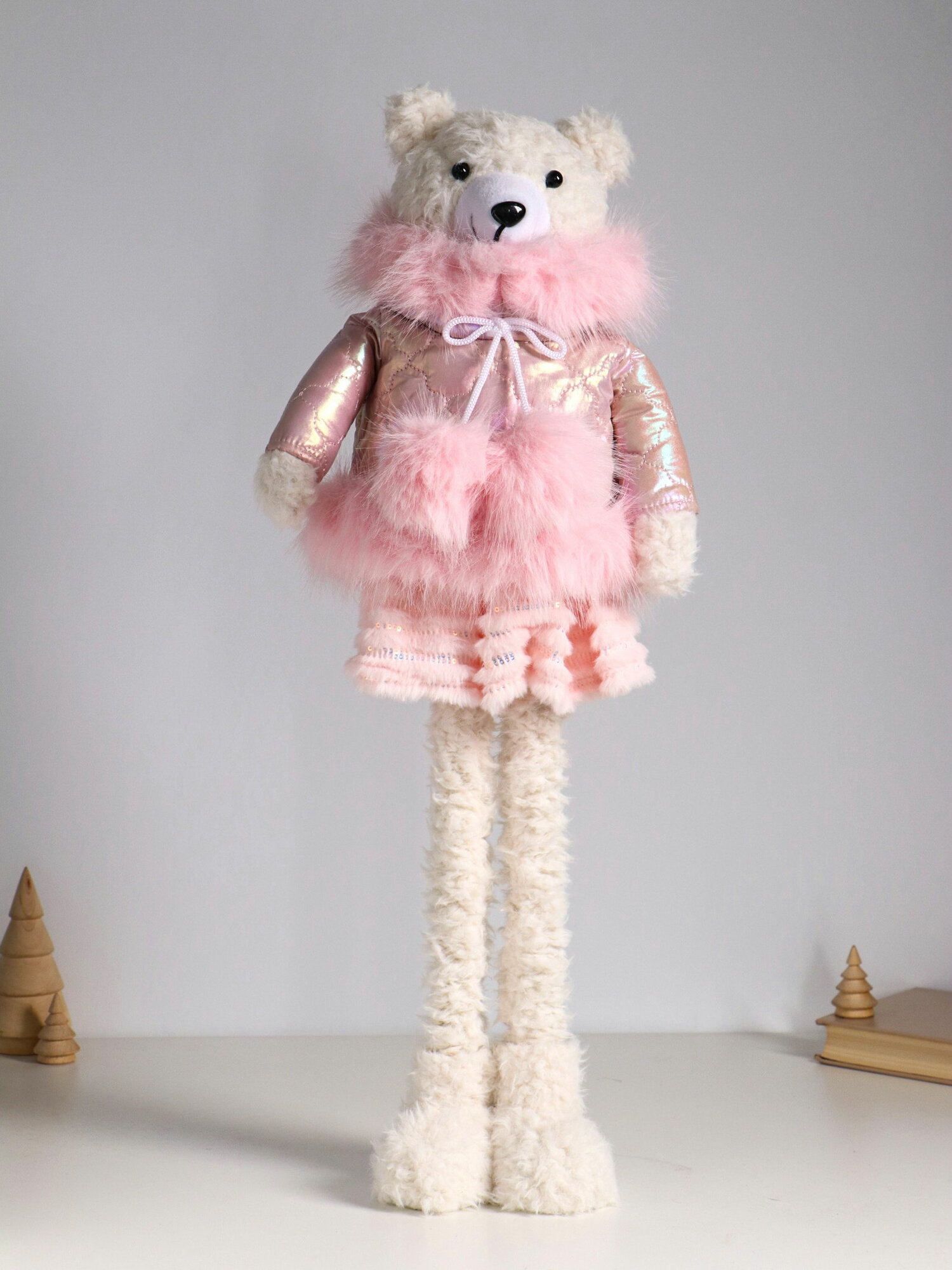 Интерьерная кукла текстильная "Медведица в розовом пуховике", раздвижная 37-65 см, 23x16x37 см