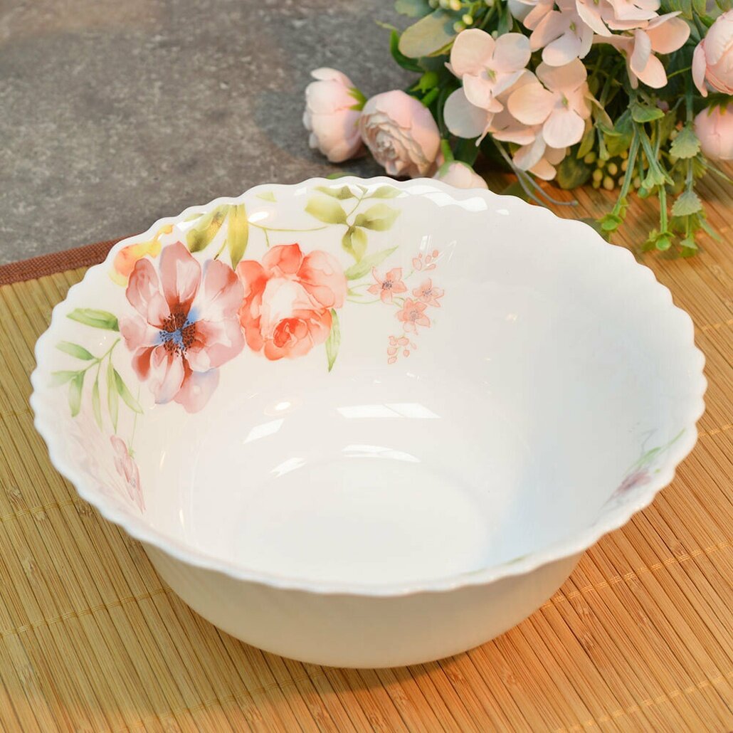 Салатник 1200мл 20см "Аврора", стеклокерамика, белый с цветочным узором и волнистым краем