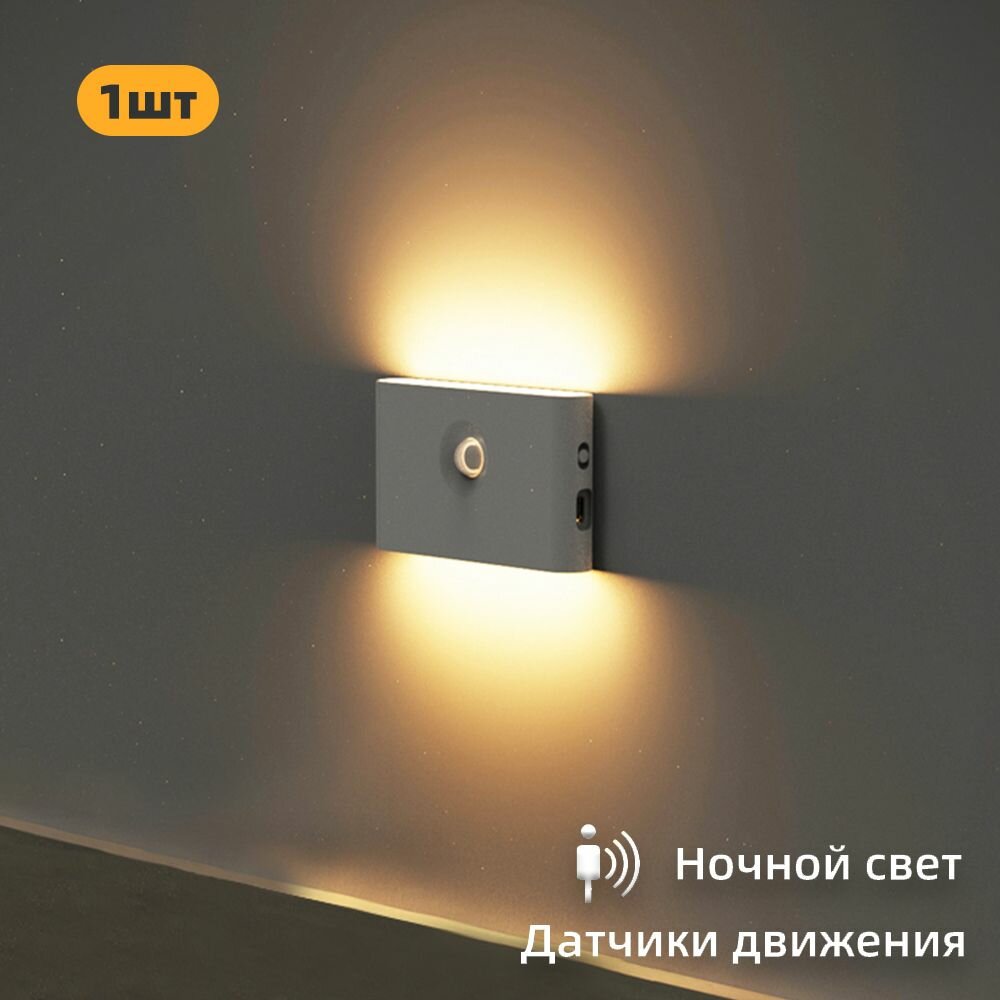 Светодиодный ночник с датчиком движения, беспроводной USB перезаряжаемый настенный светильник для спальни, прихожей, гардероба, ванной комнаты, 1 шт.