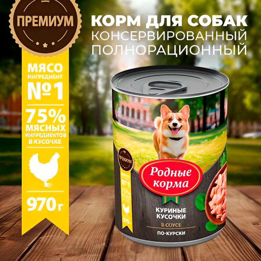 Родные корма 970 г консервы для собак куриные кусочки в соусе по-курски 1х12