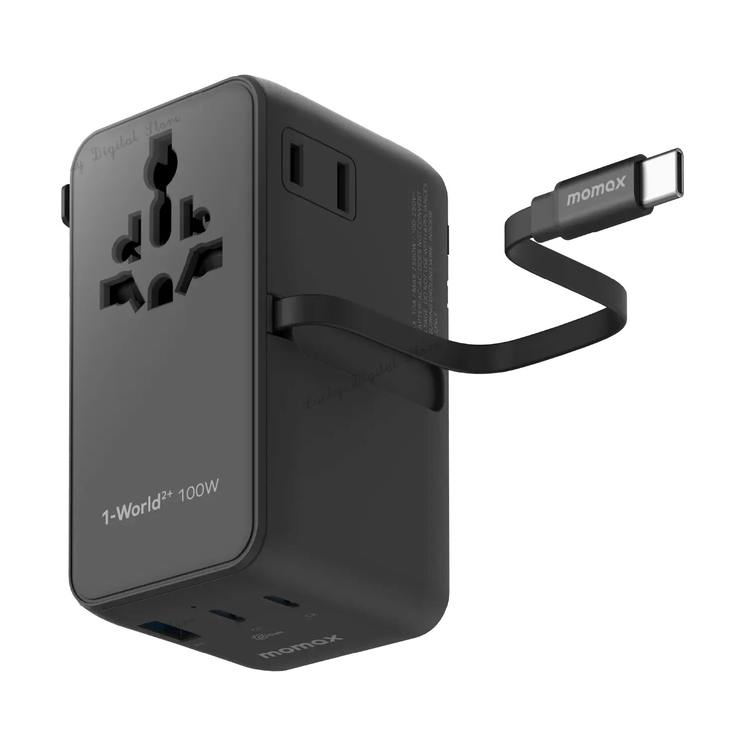 MOMAX 1-World2+ 4-портовое мини-универсальное дорожное зарядное устройство мощностью 100 Вт со встроенным выдвижным кабелем и двойным переменным током для глобальных путешественников