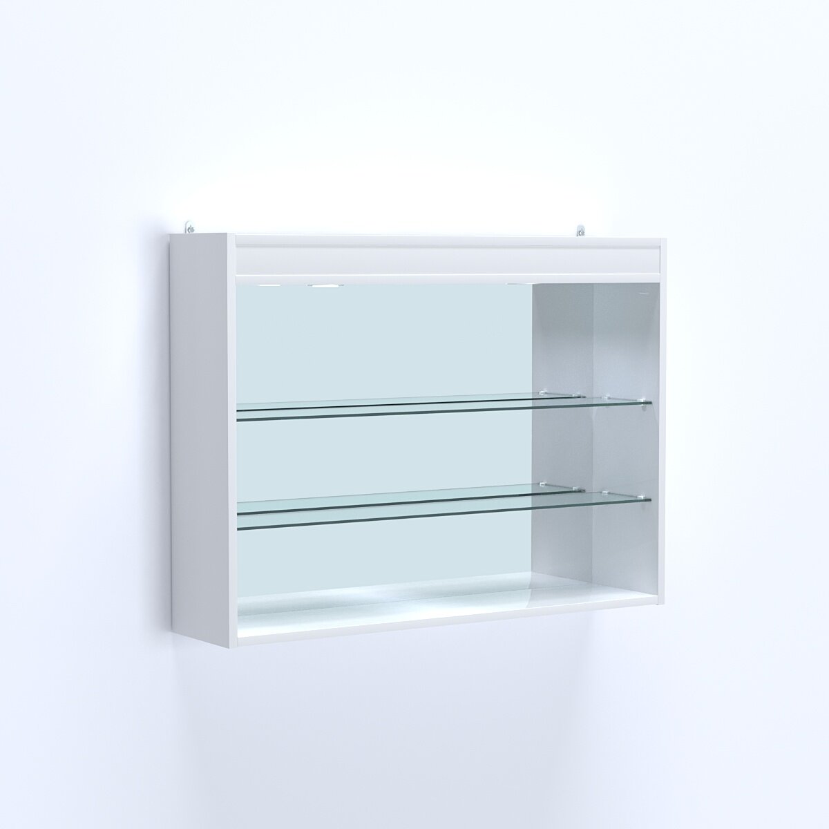 Витрина настенная №203-4Г зеркальная без дверей со стеклянными полками и верхней подсветкой, Белый