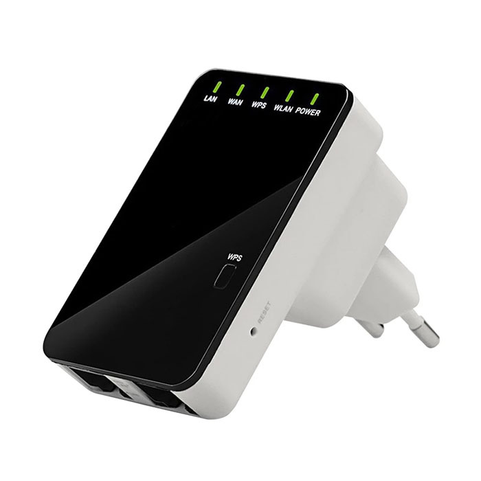 300Mbps Wireless Repeater WiFi Signal Amplifier Mini Wireless Router с двумя сетевыми портами EU Plug, черный цвет, кнопки 1*Reset 1*WPS, порты 1*10/100Mbps WAN/LAN 1*10/100Mbps LAN, стандарт IEEE802.11b/g/n, частота 2.412~2.484GHz, встроенные антенны