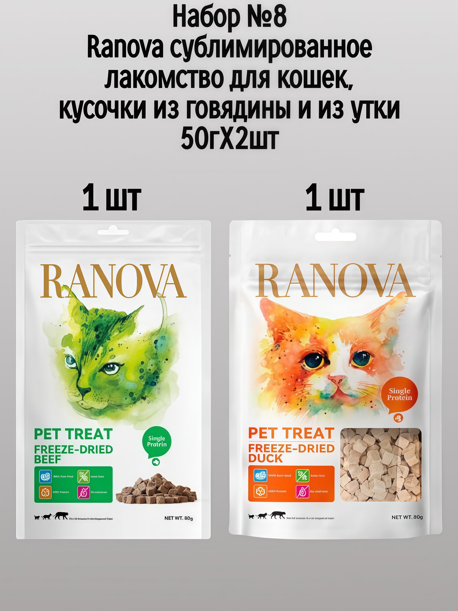 Набор №8 Сублимированные лакомства для кошек Ranova, кусочки из говядины и утки, 2 шт х 50 гр