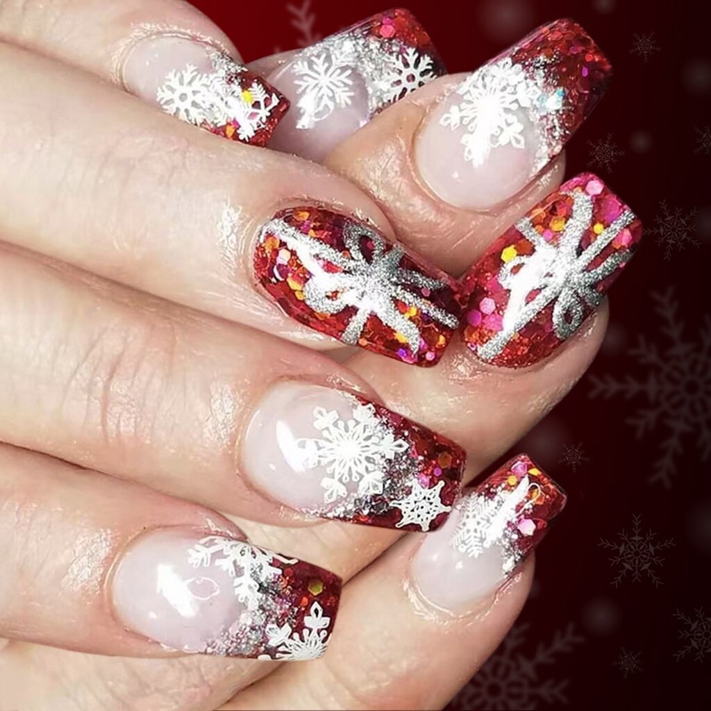 Рождественский Тематический Поддельный Ноготь 24шт ABS Build French Red Glitters Дизайн Наконечника