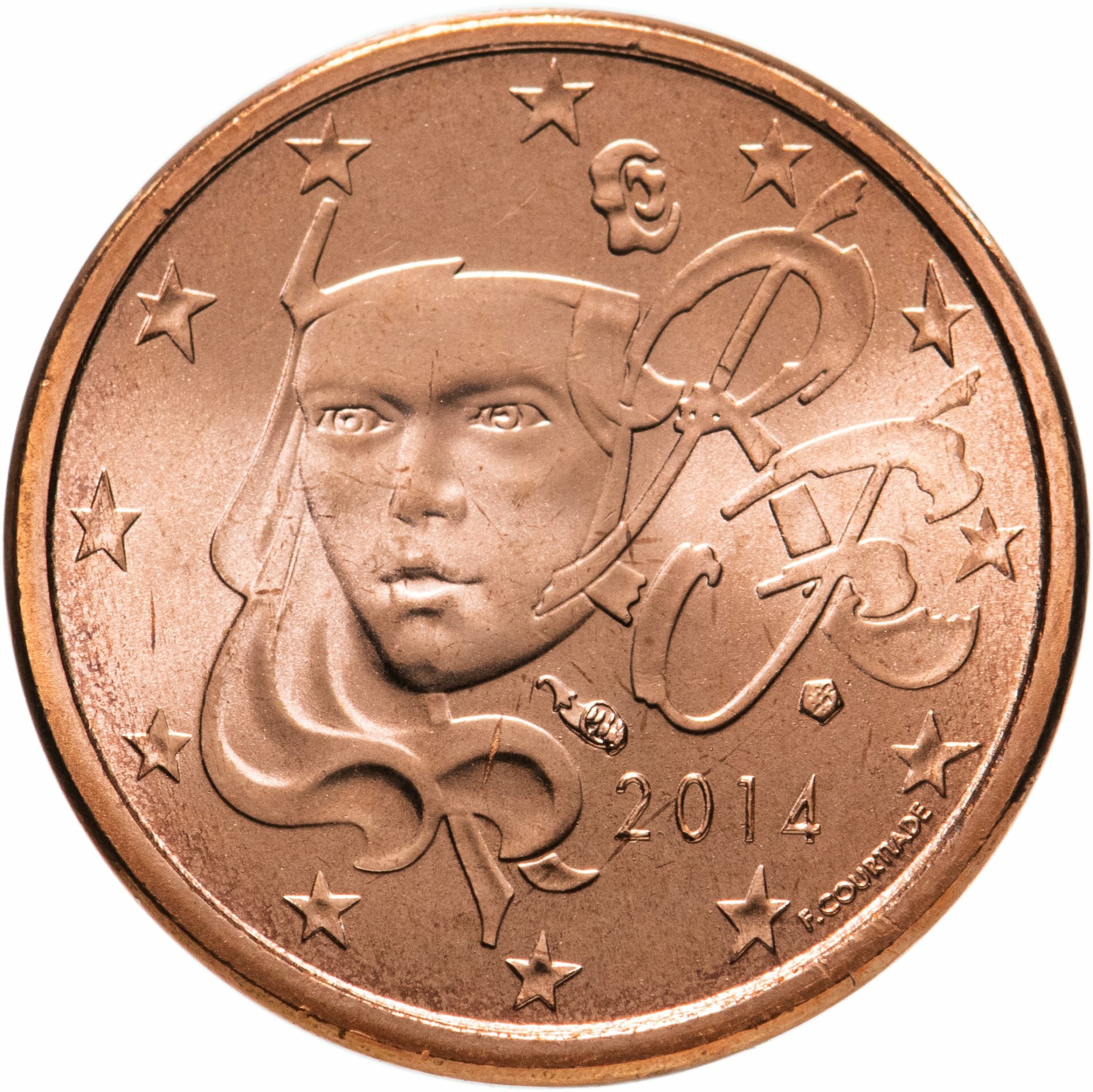 Франция 1 евро цент euro cent 2014, Сталь, плакированная медью, в сохранности UNC
