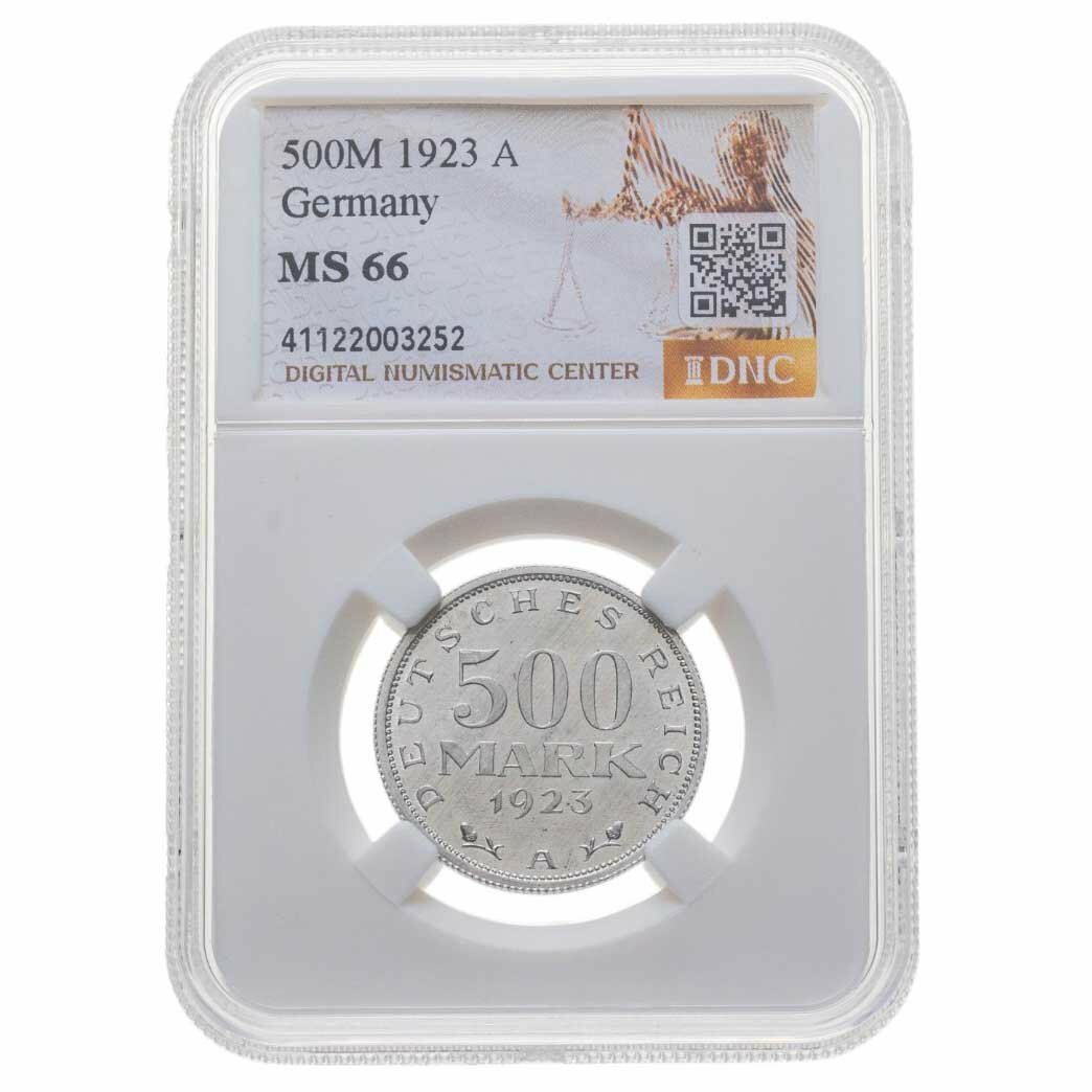 Германия 500 марок mark 1923, знак монетного двора "A" — Берлин в слабе DNC MS66, Алюминий