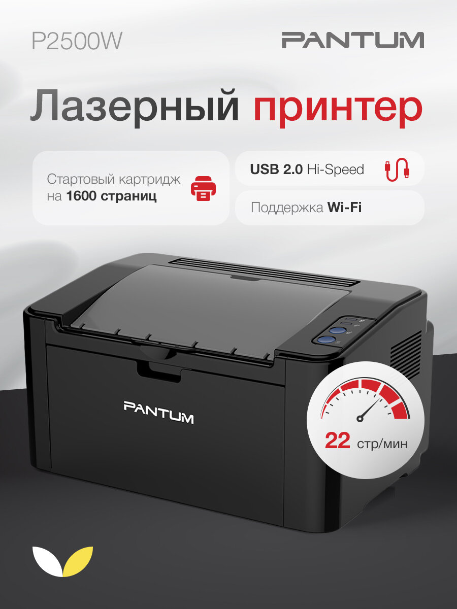 Принтер лазерный Pantum P2500W, черно-белая печать, A4, Wi-Fi, цвет черный (P2500W)