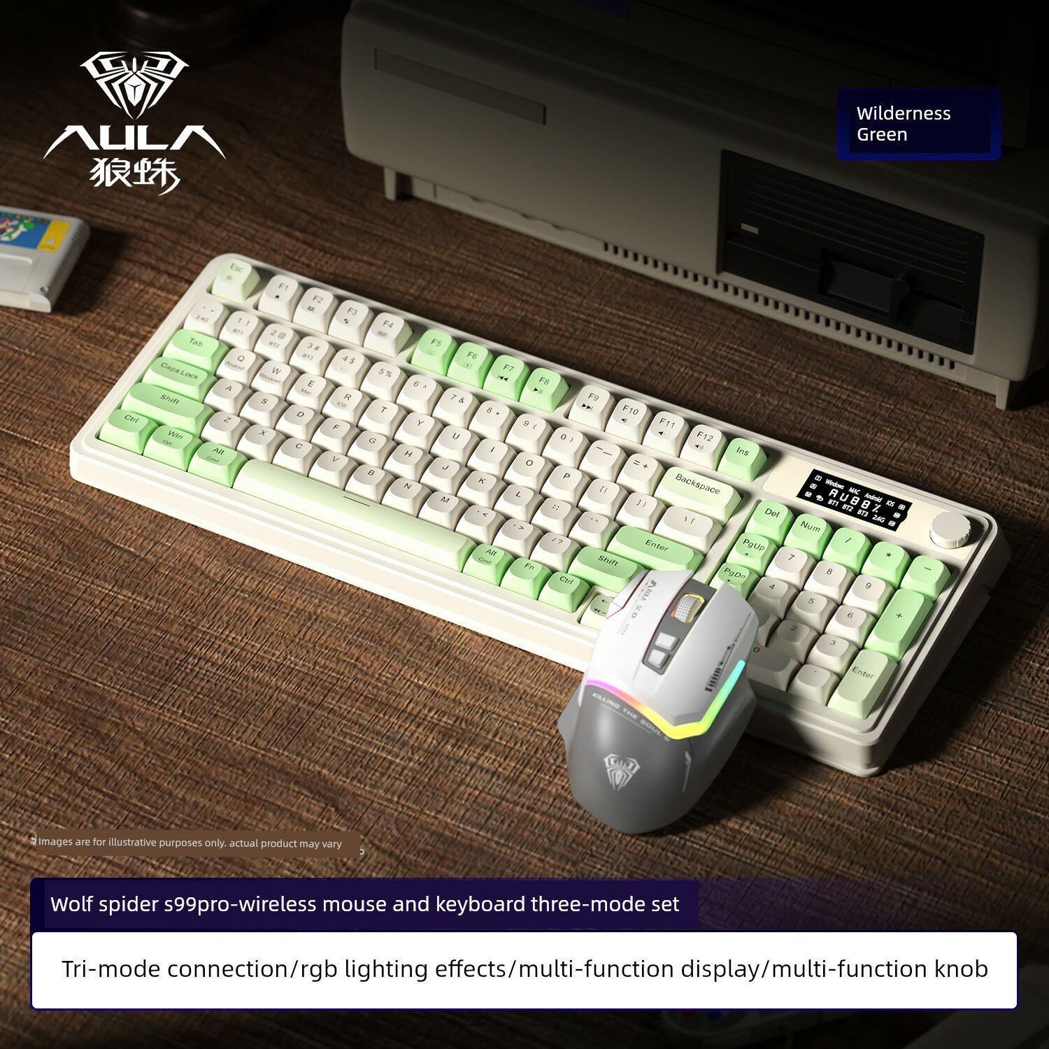 Wolfs Spider S99pro Дикая Зеленая Проводной Bluetooth Беспроводной Игровая Клавиатура 99-Клавишная RGB + Мышь SC101