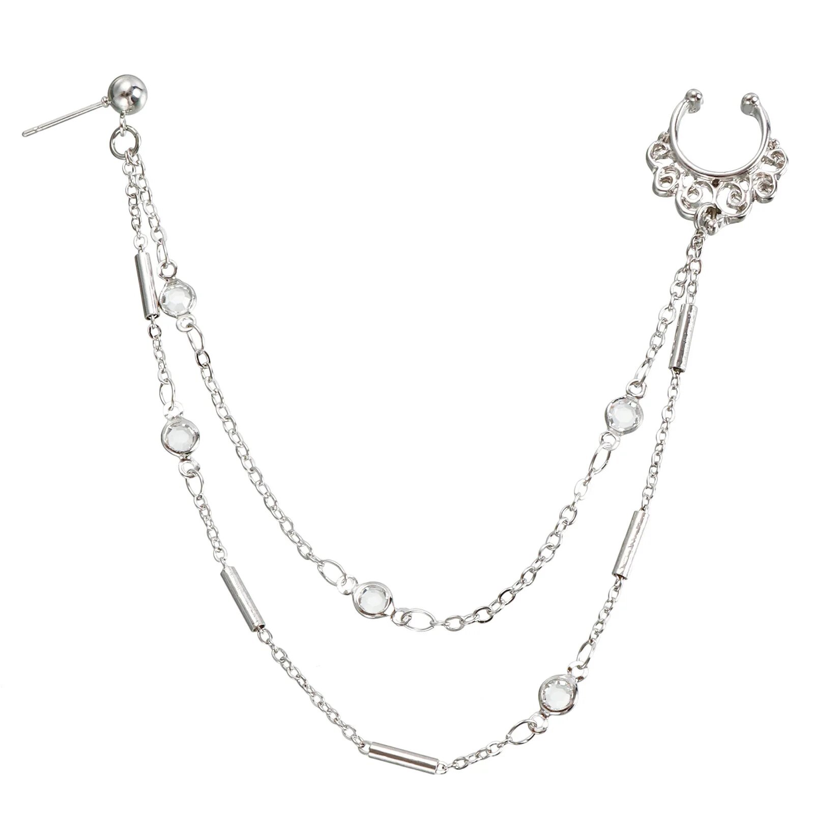 Серебряные серьги-подвески для носа с цепочкой, style 3