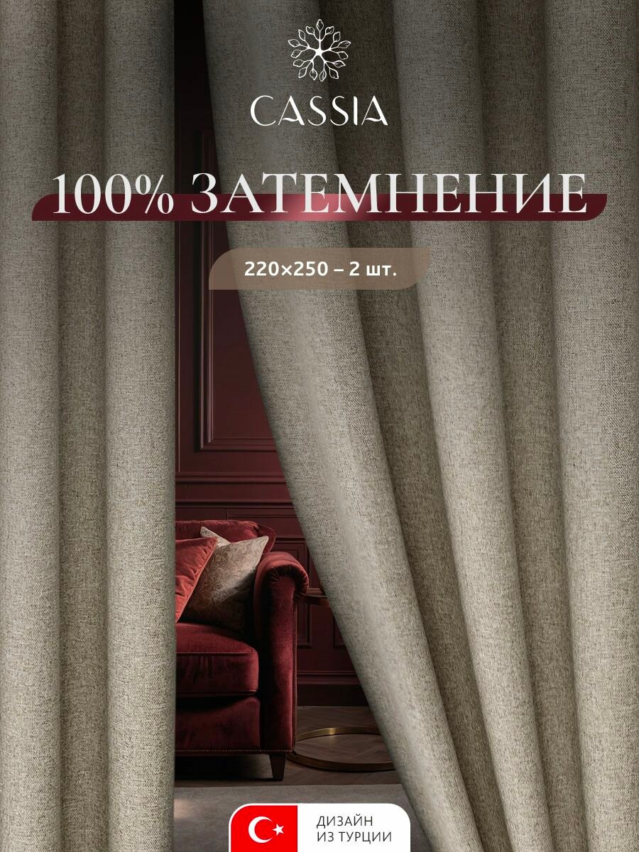 CASSIA Шторы для комнаты "Клеон" блэкаут с фактурой рогожки, 250 высота на 220 ширина, бежево-коричневые