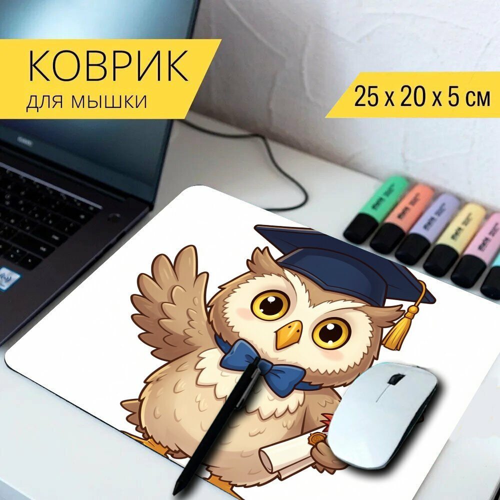 Коврик для мыши с принтом "Совенок с дипломом и колпаком. Милый мультяшный филин в выпускном головном уборе держит свиток с красной лентой, синяя бабочка, большие глаза." 25x20см.
