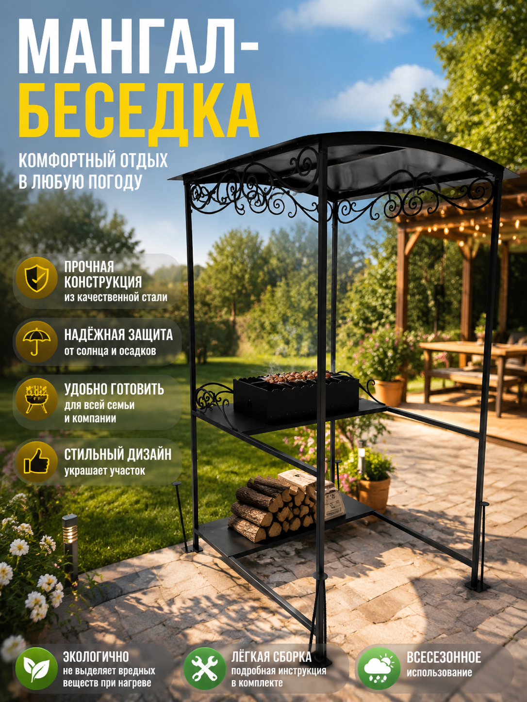 Мангал-беседка "Компакт" с крышей, нержавеющая сталь от бренда «Резка Металла»