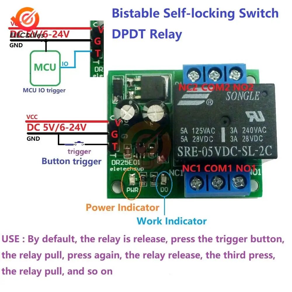 Релейный модуль Aideepen Bistable DPDT 5-24В 3-5А DC 5V Input