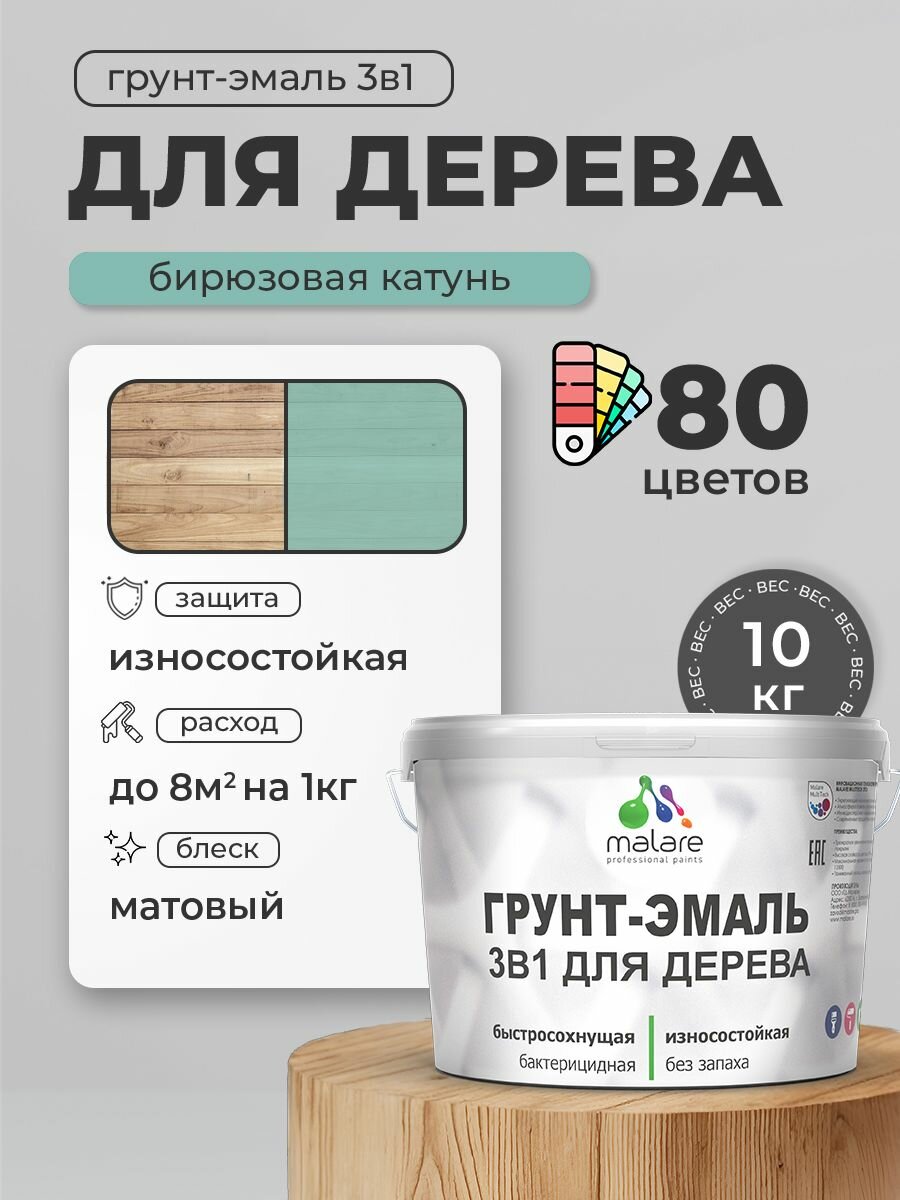 Акриловая Грунт-Эмаль 3 в 1 Malare для деревянных поверхностей/ краска по дереву с антисептическим эффектом/ быстросохнущая моющаяся без запаха матовая, бирюзовая катунь, 10 кг