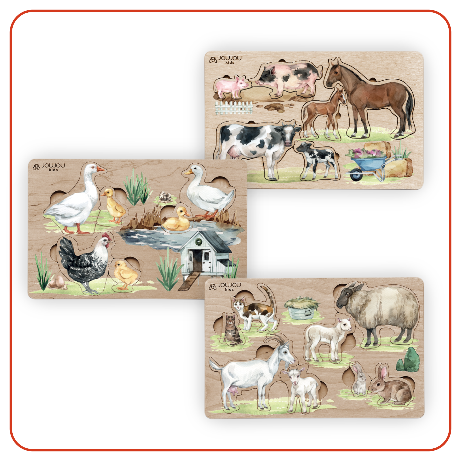 Развивающая игрушка Монтессори, набор деревянных пазлов для малышей Joujou kids "Животные: мама и детеныши", 3 рамки-вкладыша, от 1 года до 5 лет