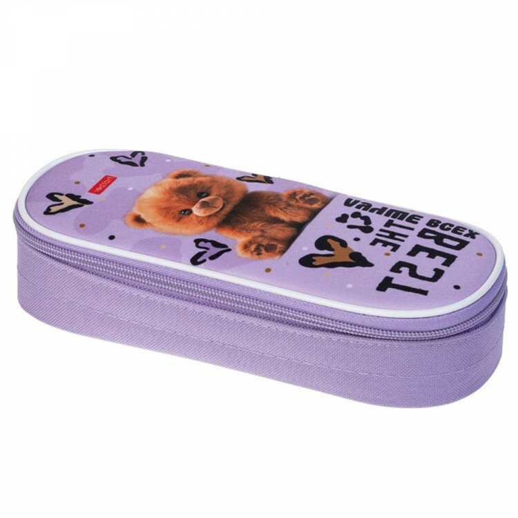 Пенал 1 отделение овальный (Hatber) Пушистый мишка с карманом 220х90х50мм арт. NPk_73282