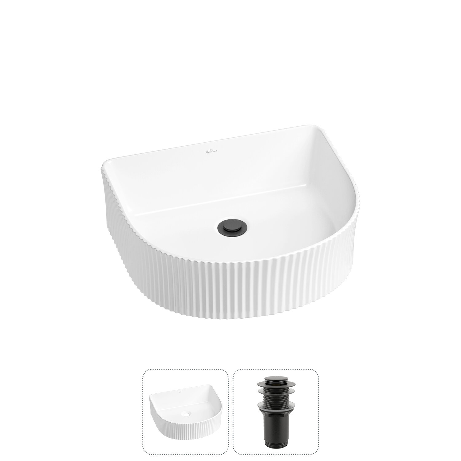 Подвесная или накладная раковина в ванную комнату Wellsee Festive Fox 20213403R в наборе 2 в 1: раковина 45 см в цвете белый глянец, донный клапан в цвете матовый черный